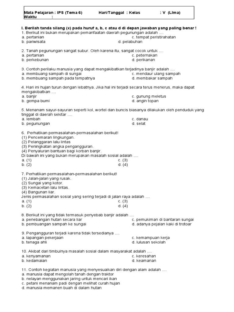 Soal Tematik Kelas 5 Tema 6 Mapel IPS | PDF