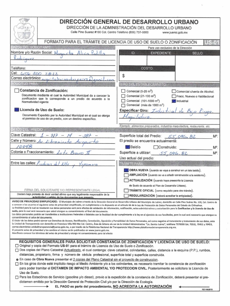 01 Formato para El Tramite de Licencia de Uso de Suelo | PDF 01 Formato para El Tramite de Licencia de Uso de Suelo | PDF