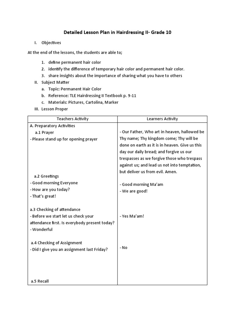 Detailed Lesson Plan in Hairdressing II-Grade 10 | PDF | Lord's Prayer