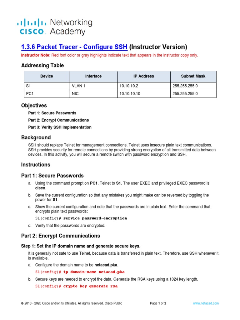 1 3 6 Packet Tracer Configure Ssh Pdf Secure Shell Password