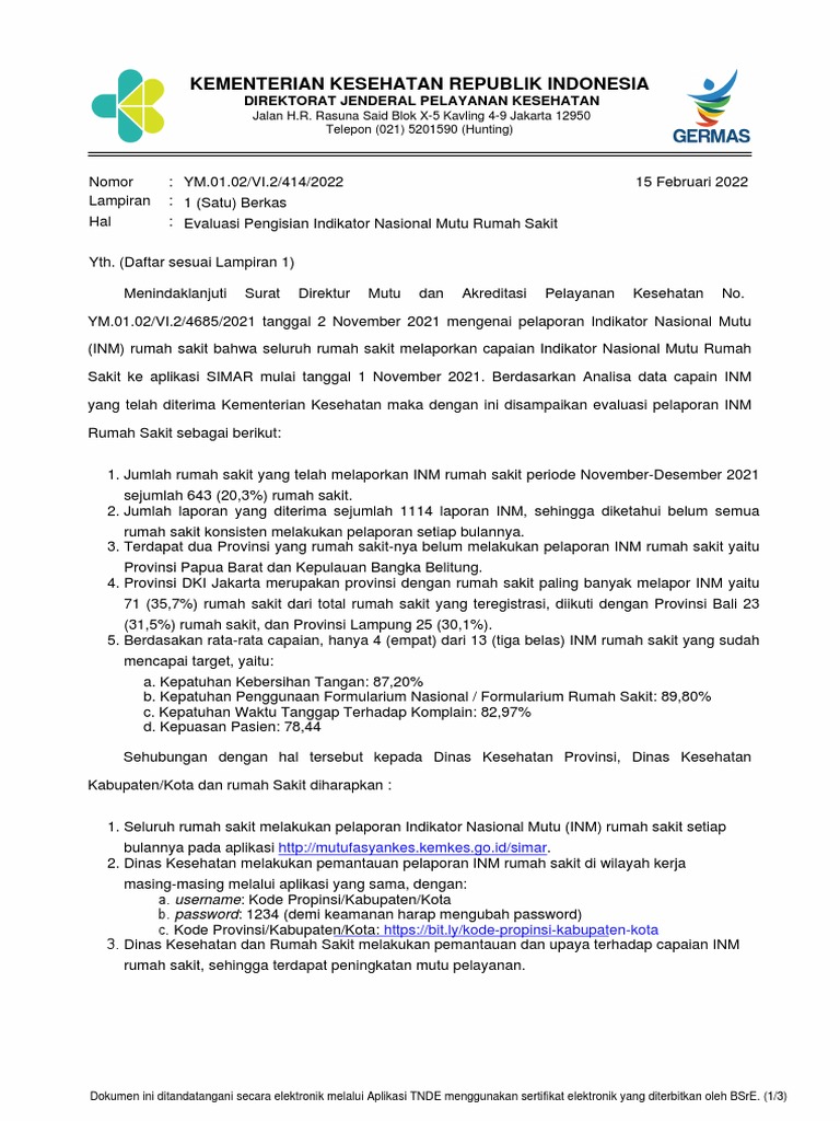 Surat Evaluasi INM RS | PDF