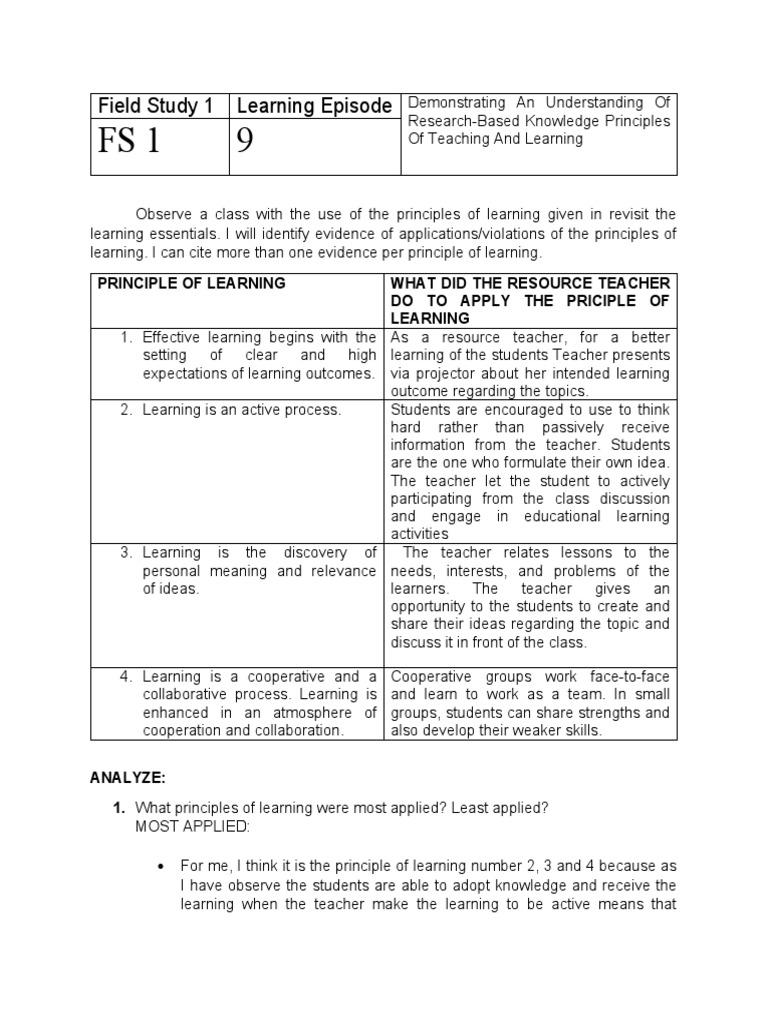 Field Study 1 Learning Episode | PDF | Educational Assessment | Learning