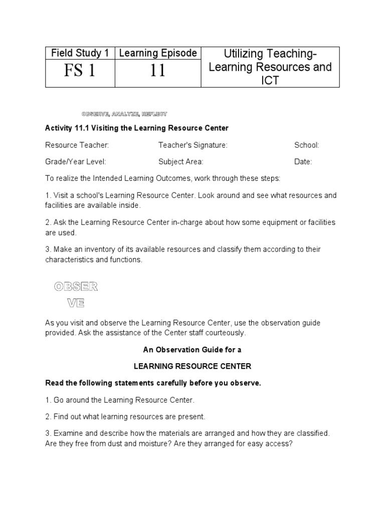 Field Study 1 Learning Episode: Utilizing Teaching-Learning Resources and ICT | PDF | Massive ...