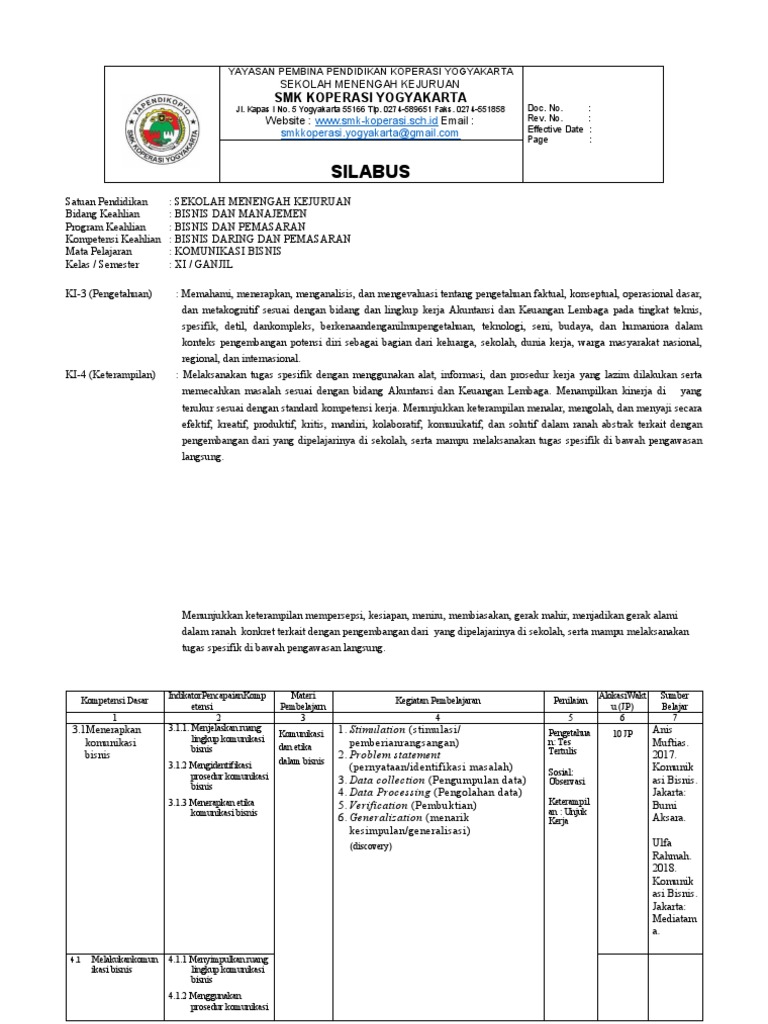 Silabus Komunikasi Bisnis X-1 | PDF