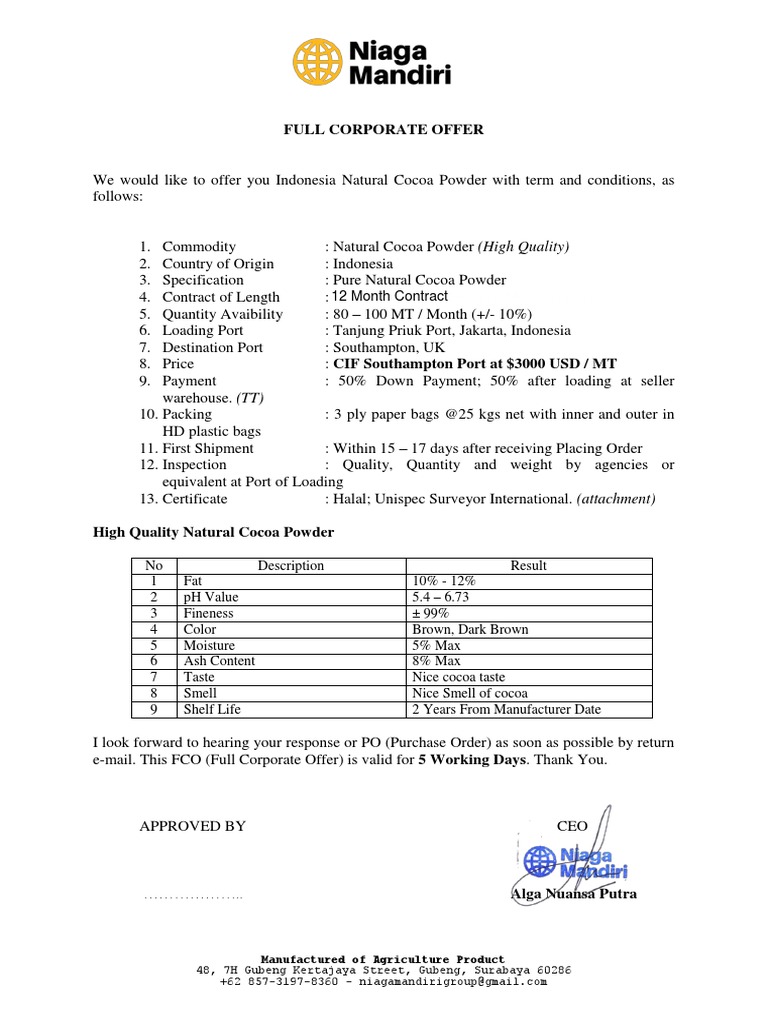 Full Corporate Offer: 12 Month Contract | PDF | Cocoa Bean