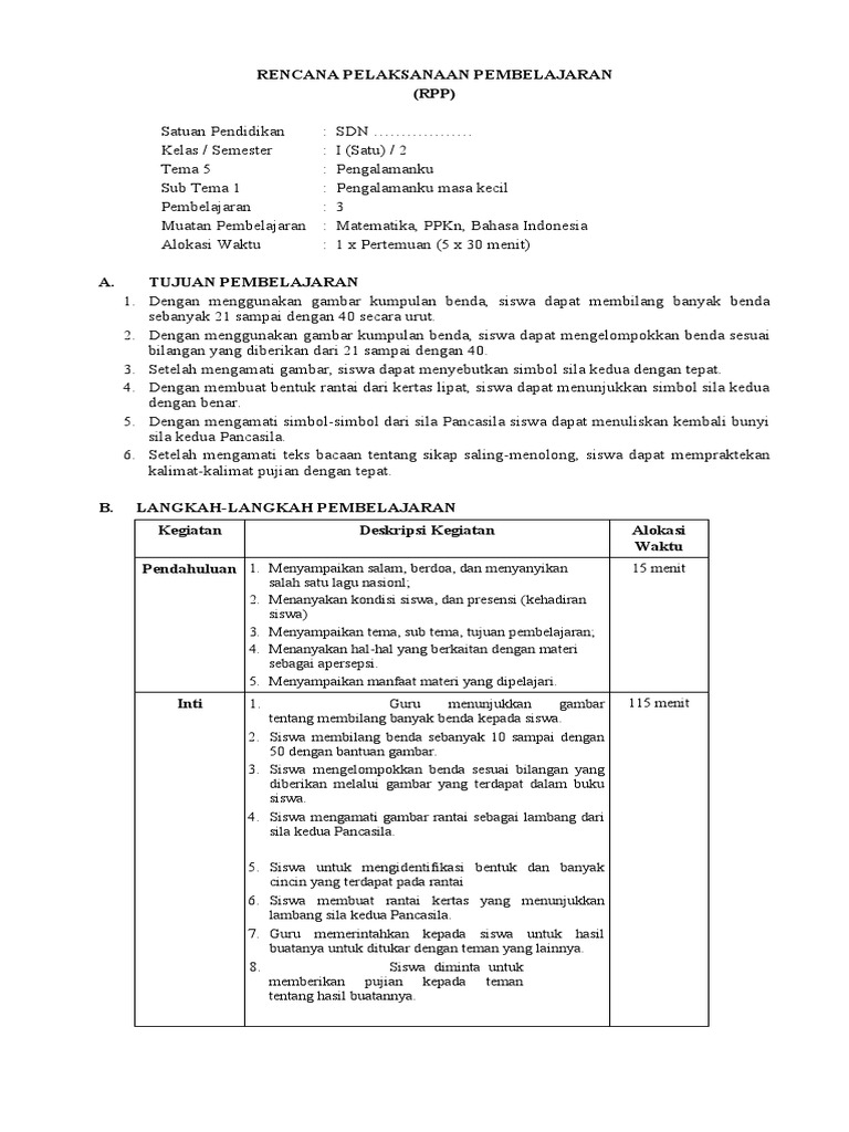 RPP Tema 5 Subtema 1 Pemb 3 | PDF