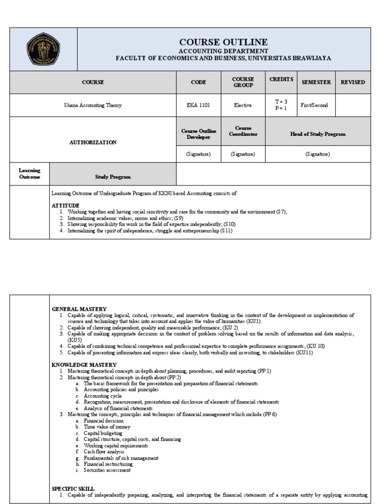 Course Outline: Accounting Department Faculty of Economics and Business ...