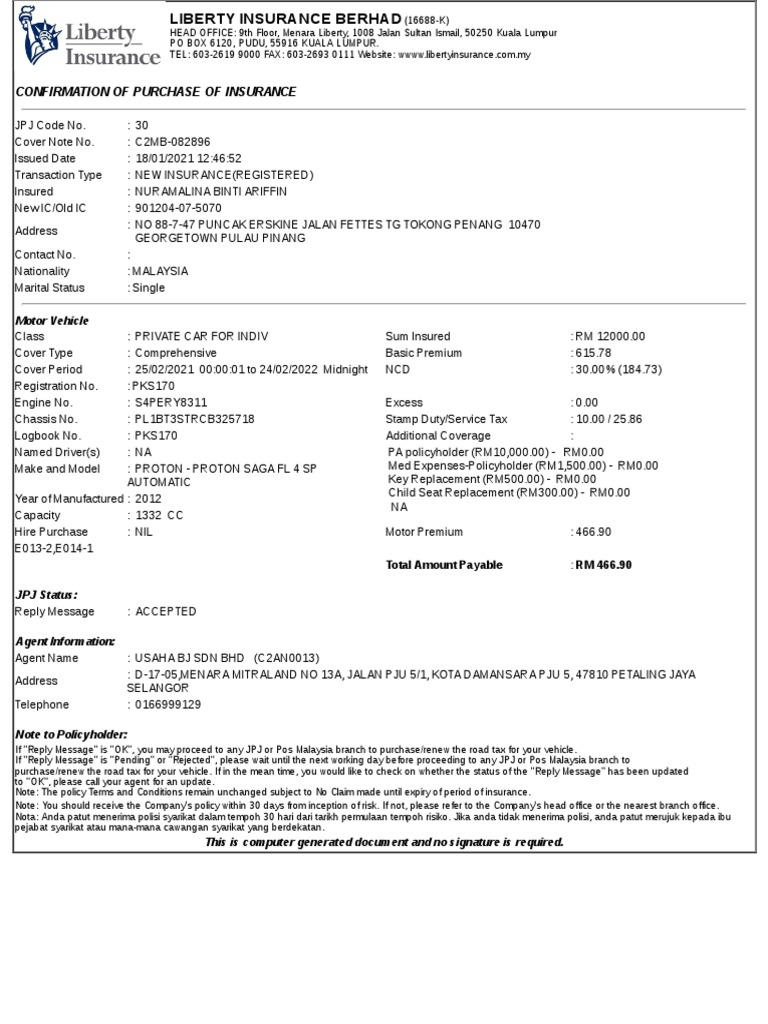 Confirmation of Purchase of Insurance: Motor Vehicle | PDF | Insurance