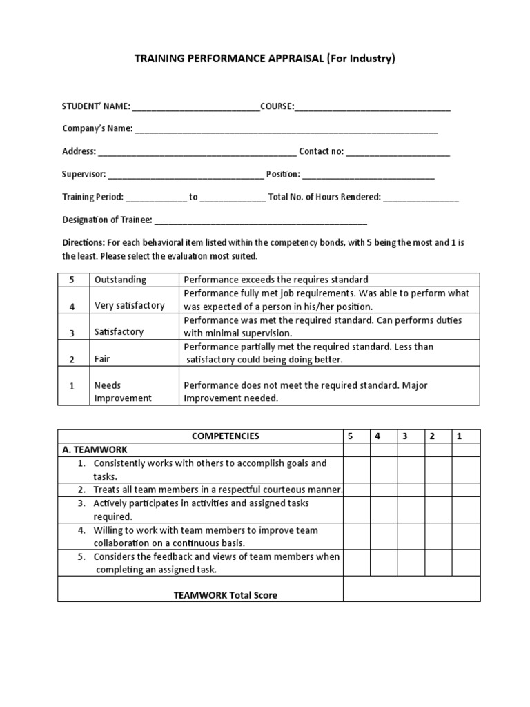 Training Performance Appraisal Template | PDF | Performance Appraisal ...