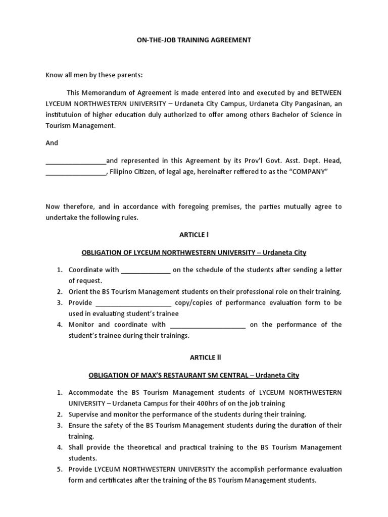 On-The-Job Training Agreement | PDF