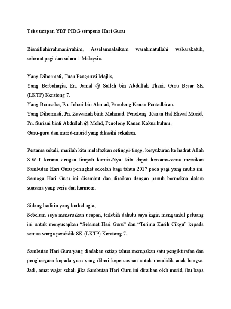 Teks Ucapan YDP PIBG Sempena Hari Guru | PDF