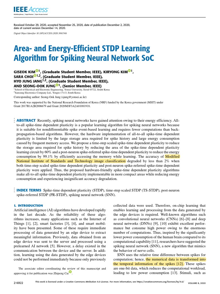(2020) Area - and Energy-Efficient STDP Learning Algorithm For Spiking Neural Network SoC | PDF ...