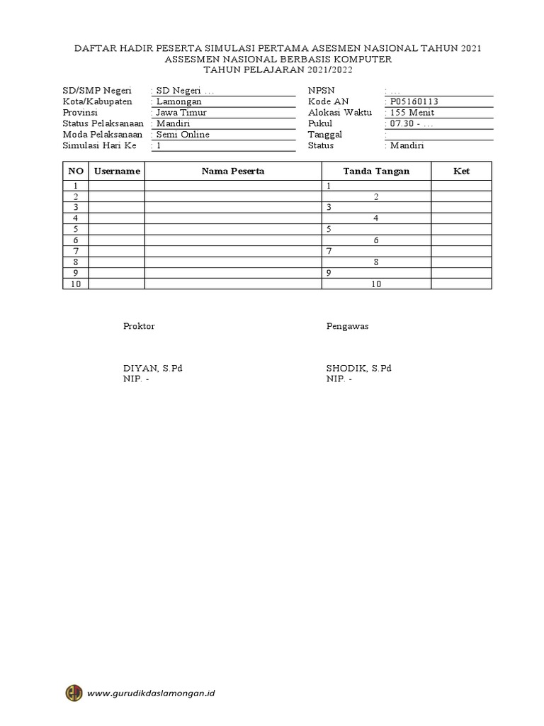 Daftar Hadir Peserta Simulasi ANBK Tahun 2021 | PDF