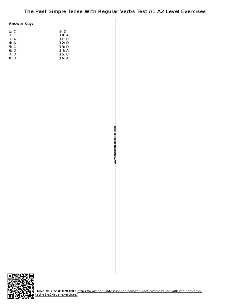 434QA - The Past Simple Tense With Regular Verbs Test A1 A2 Level ...