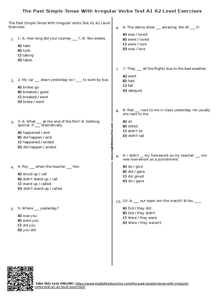 The Past Simple Tense With Irregular Verbs Test A1 A2 Level Exercises ...