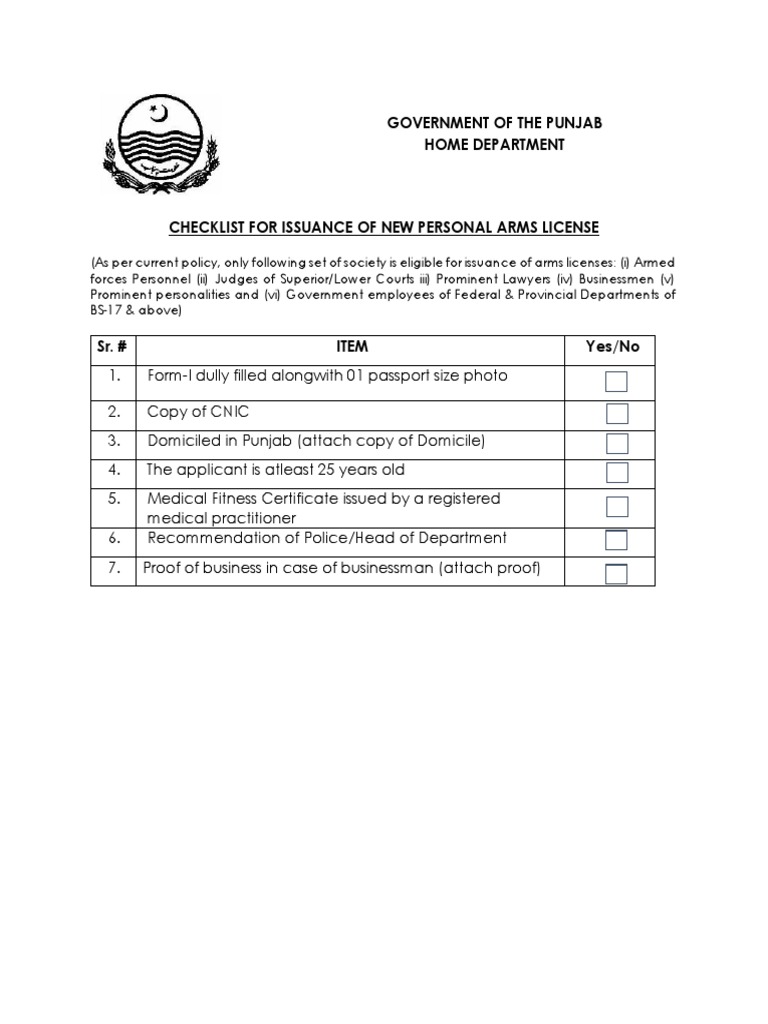 Check List Form-I For New Arms License | PDF | Justice | Crime & Violence
