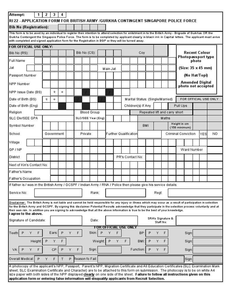 Attempt: 1 2 3 4 Ri 22 - Application Form For British Army /gurkha ...