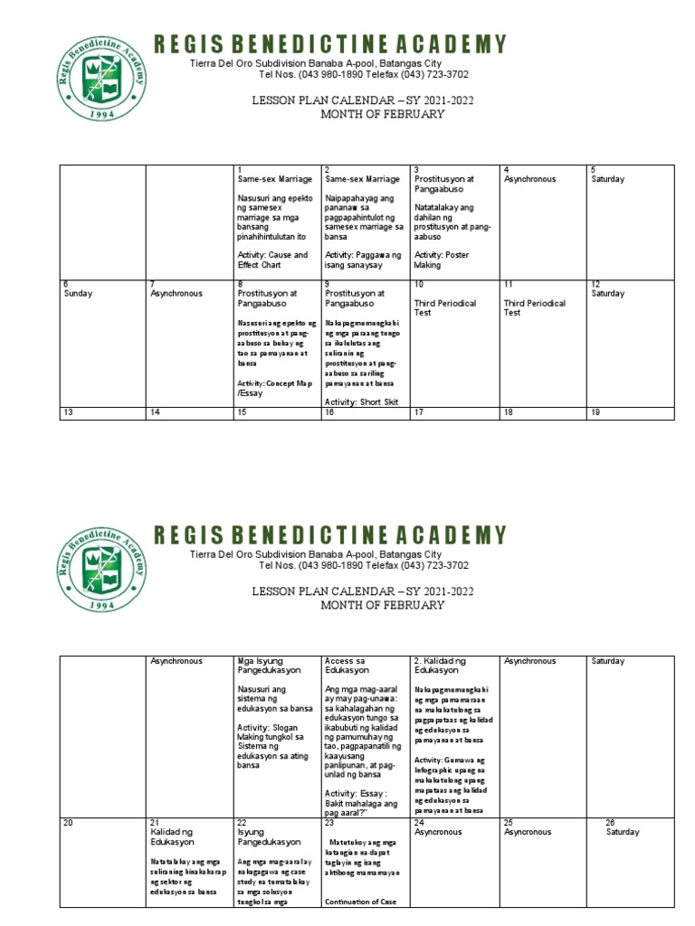 G10 Lesson Plan Calendar February | PDF