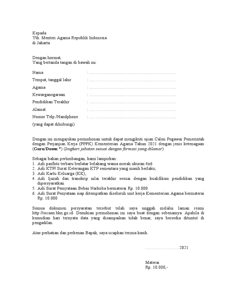 Format Surat Lamaran Dan Pernyataan CPPPK Kemenag | PDF