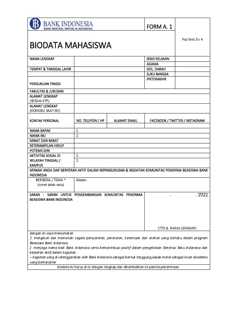 FORM A1 Pendaftaran Beasiswa BI | PDF