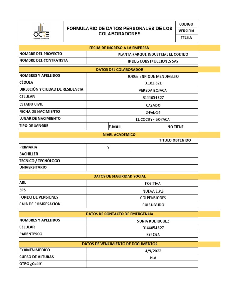 Formulario de Datos Personales Del Personal | PDF