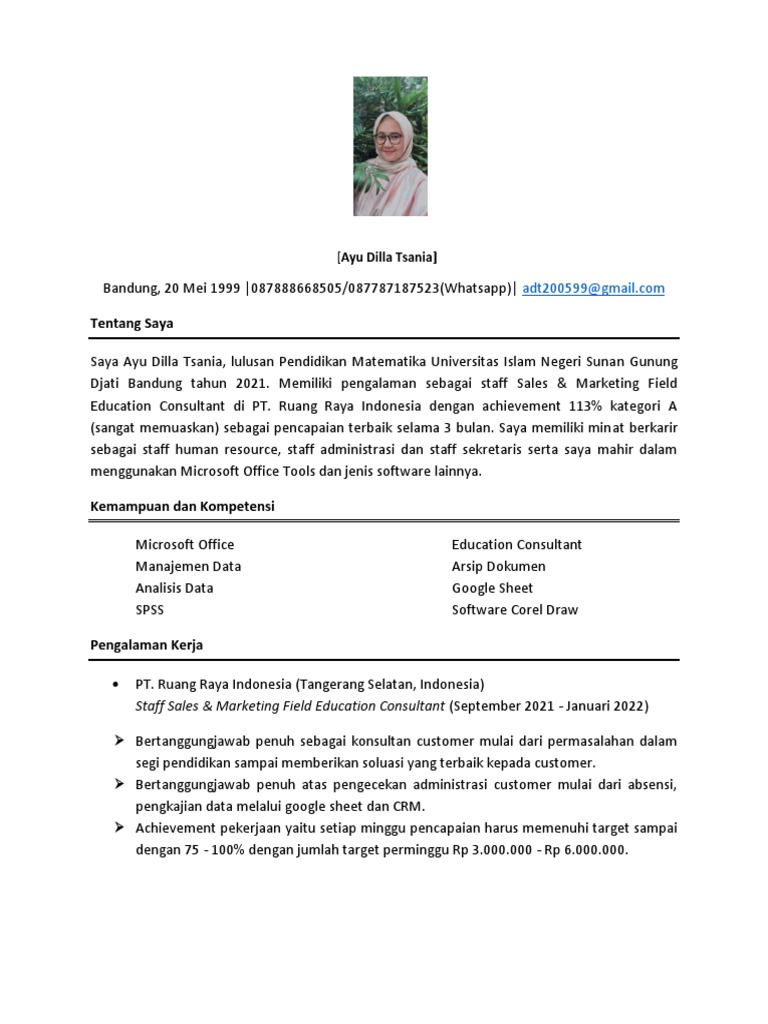 CV - Ayu Dilla Tsania | PDF