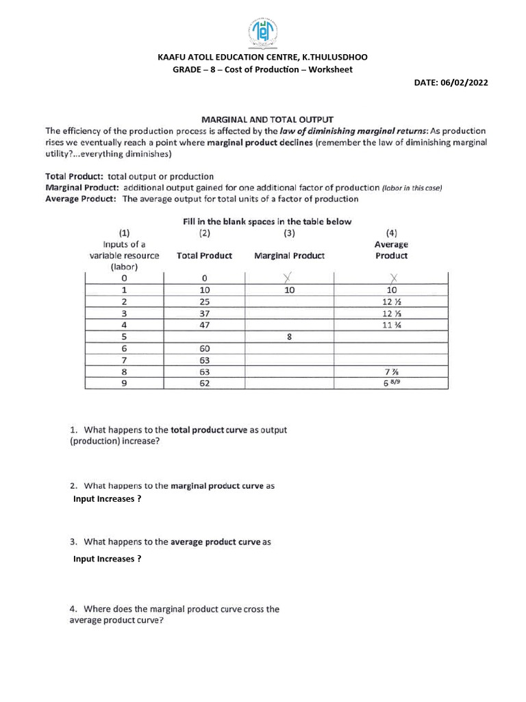 Grade 8 Cost of Production Worksheet | PDF