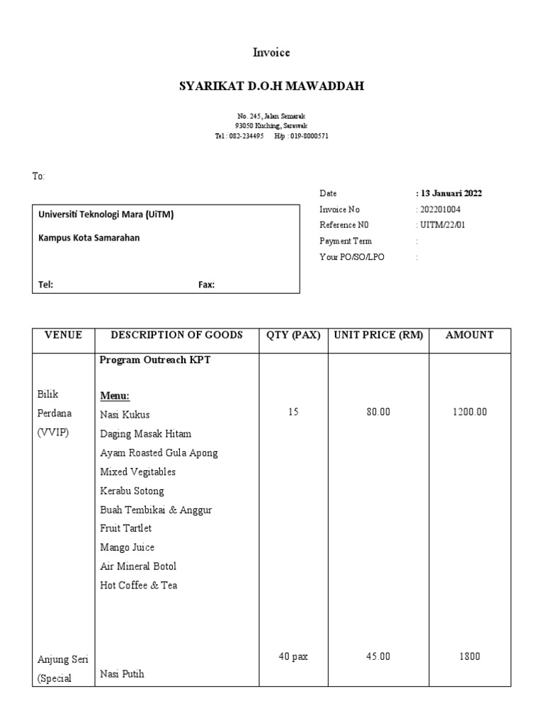 Invoice Uitm 130122 | PDF | Foods | Cuisine