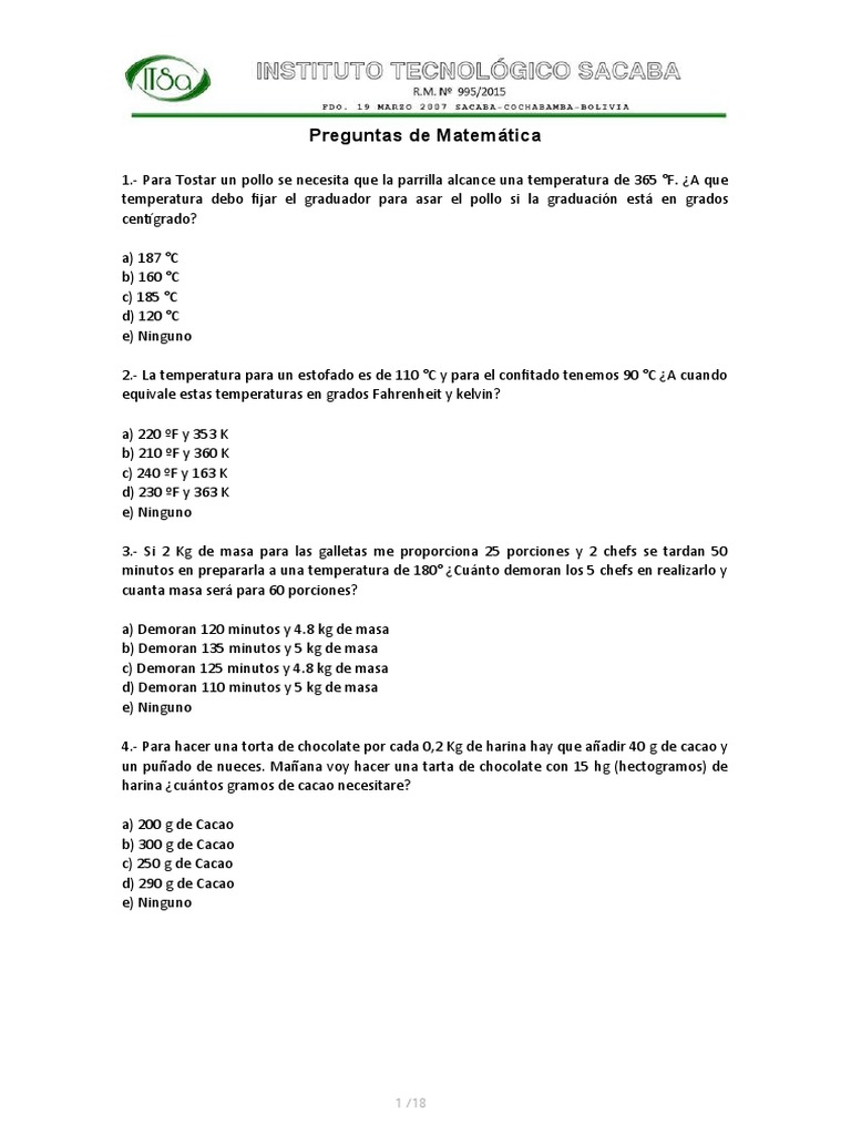 Banco de Preguntas MATEMATICAS | PDF | Galón | Litro