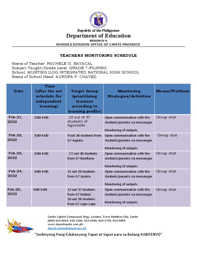 Department of Education: Teachers Monitoring Schedule | PDF | Asia ...