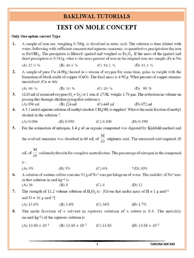 Test On Mole Concept: Bakliwal Tutorials | PDF