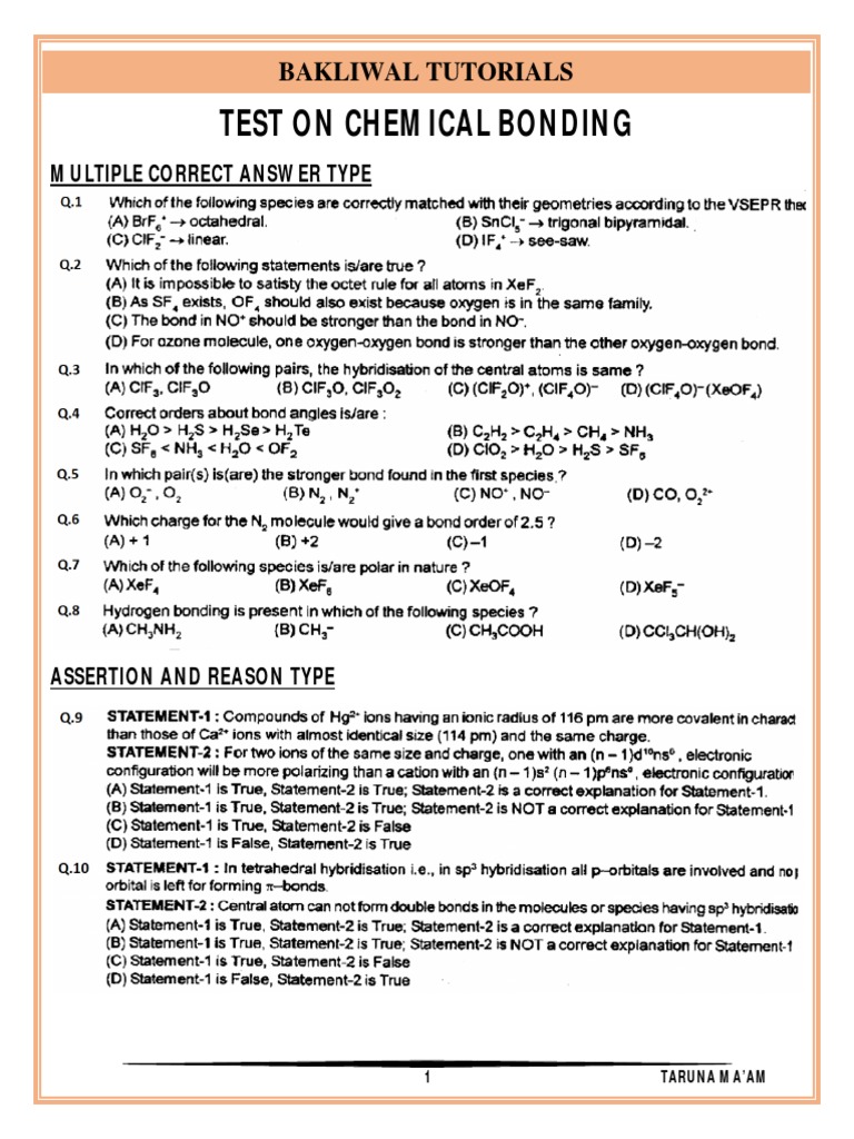 Test On Chemical Bonding: Bakliwal Tutorials | PDF | Hydrogen Bond ...
