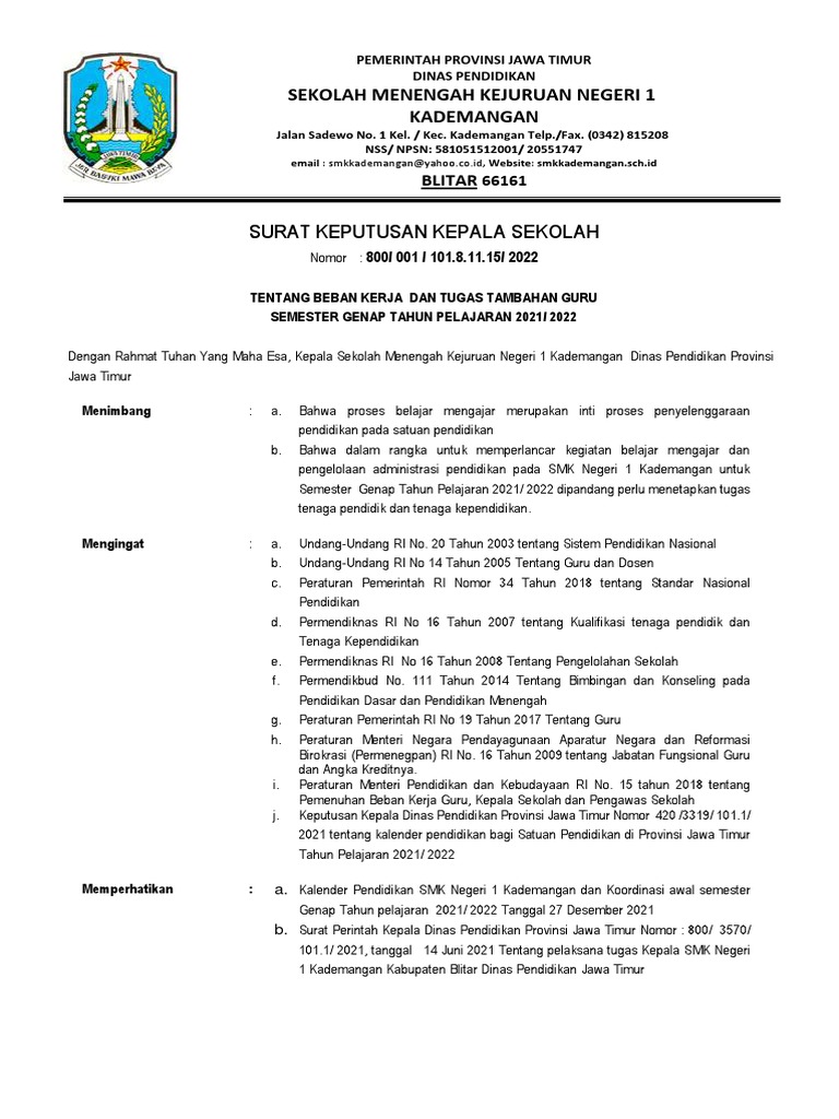 SK Beban Kerja Guru SMK 2021/2022 | PDF