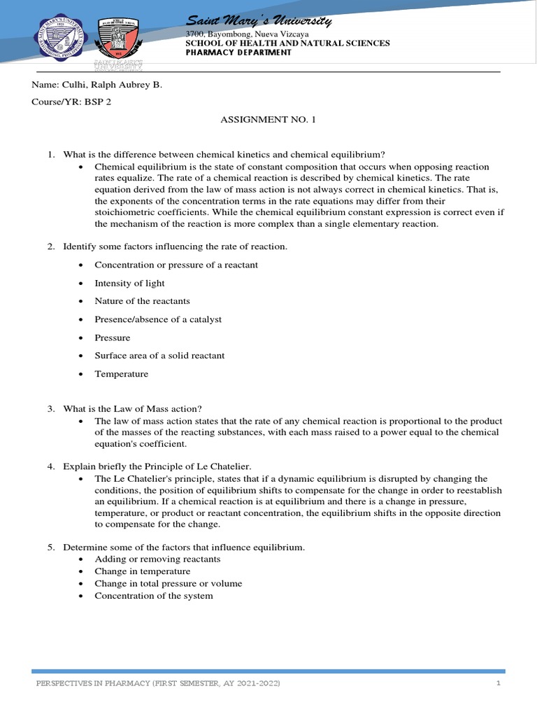 Pharm Med 1 Lec - Assignment No. 1 | PDF | Reaction Rate | Chemical Equilibrium