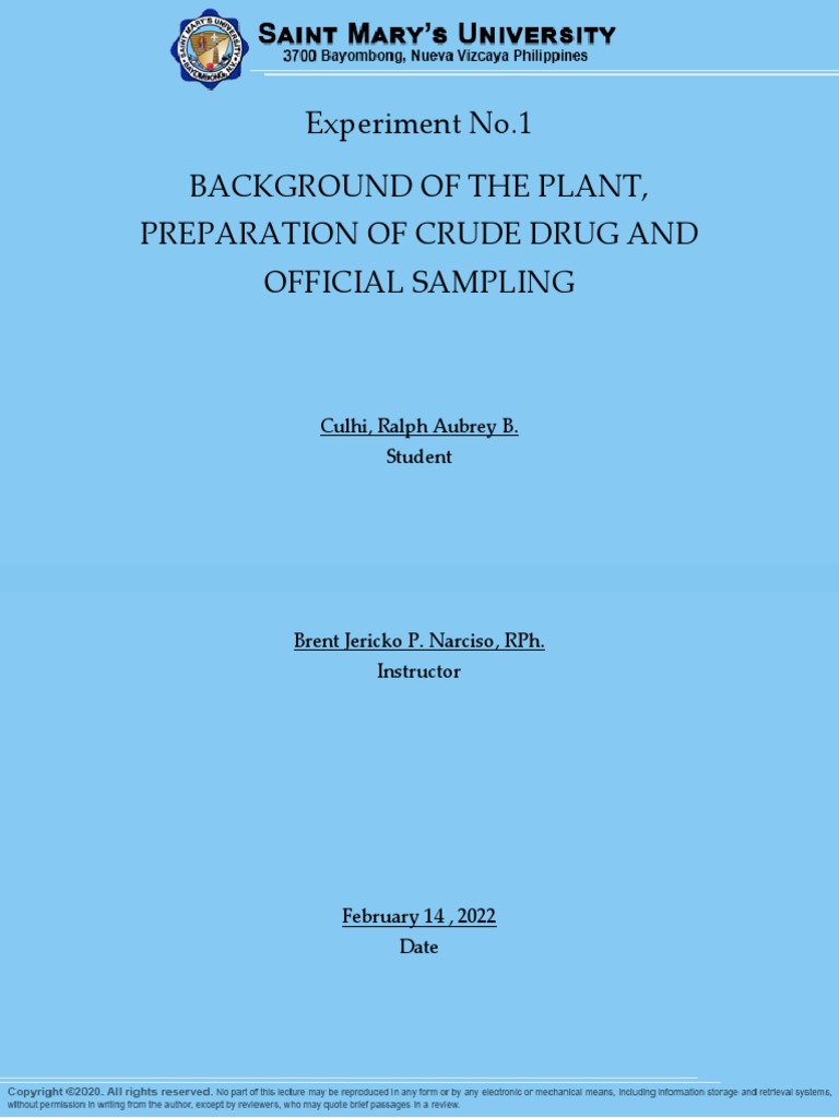 Lab. 1-Background of The Plant, Preparation of Crude Drug and Official ...