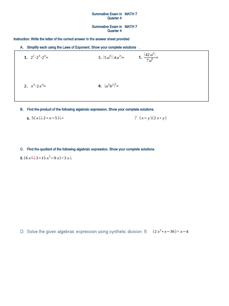 Summative Exam in MATH 7 Quarter 4 | Download Free PDF | Mathematics ...
