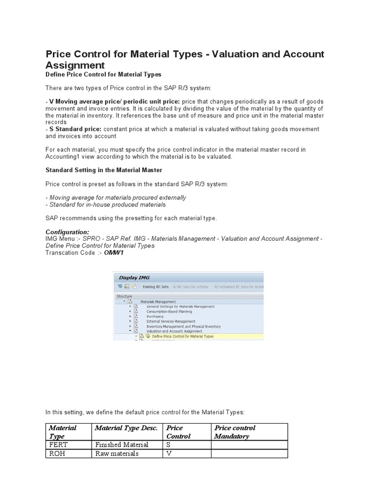 Price Control For Material Types - Valuation and Account Assignment ...