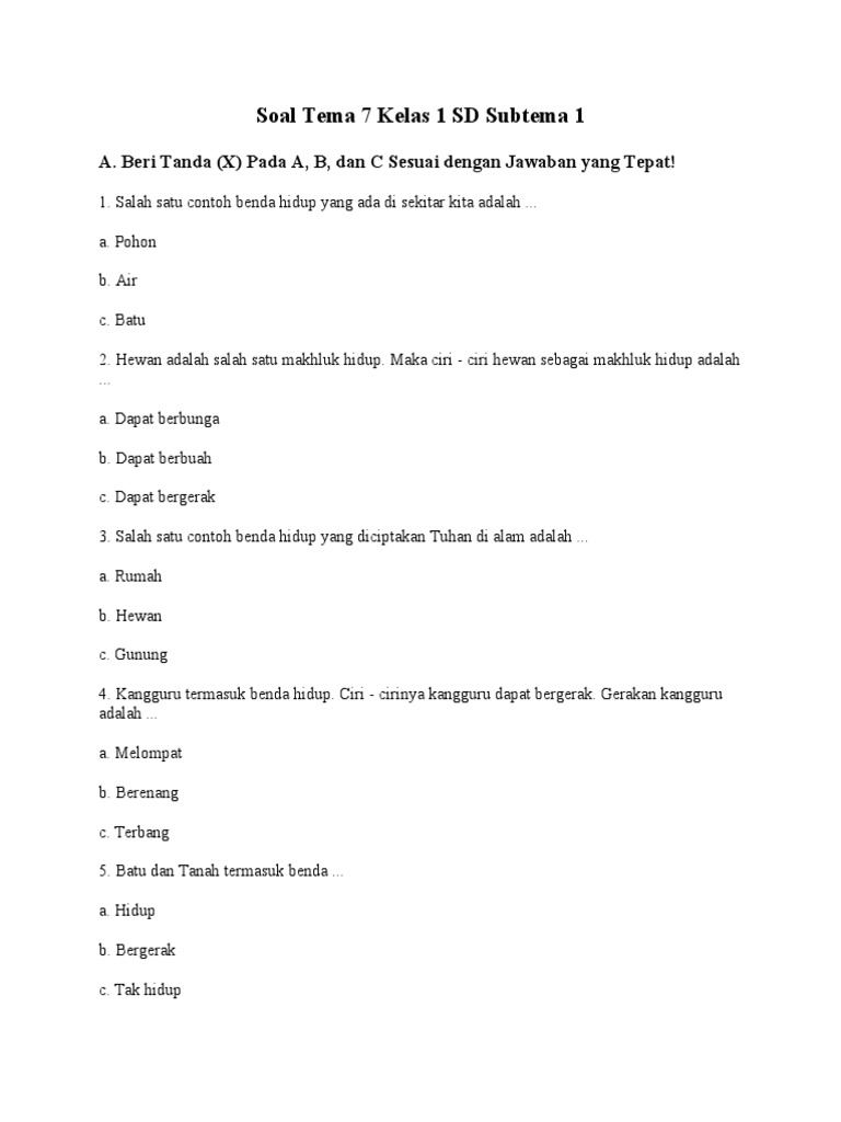 Soal Tema 7 Kelas 1 SD Subtema 1 (Nesabamedia - Com) | PDF