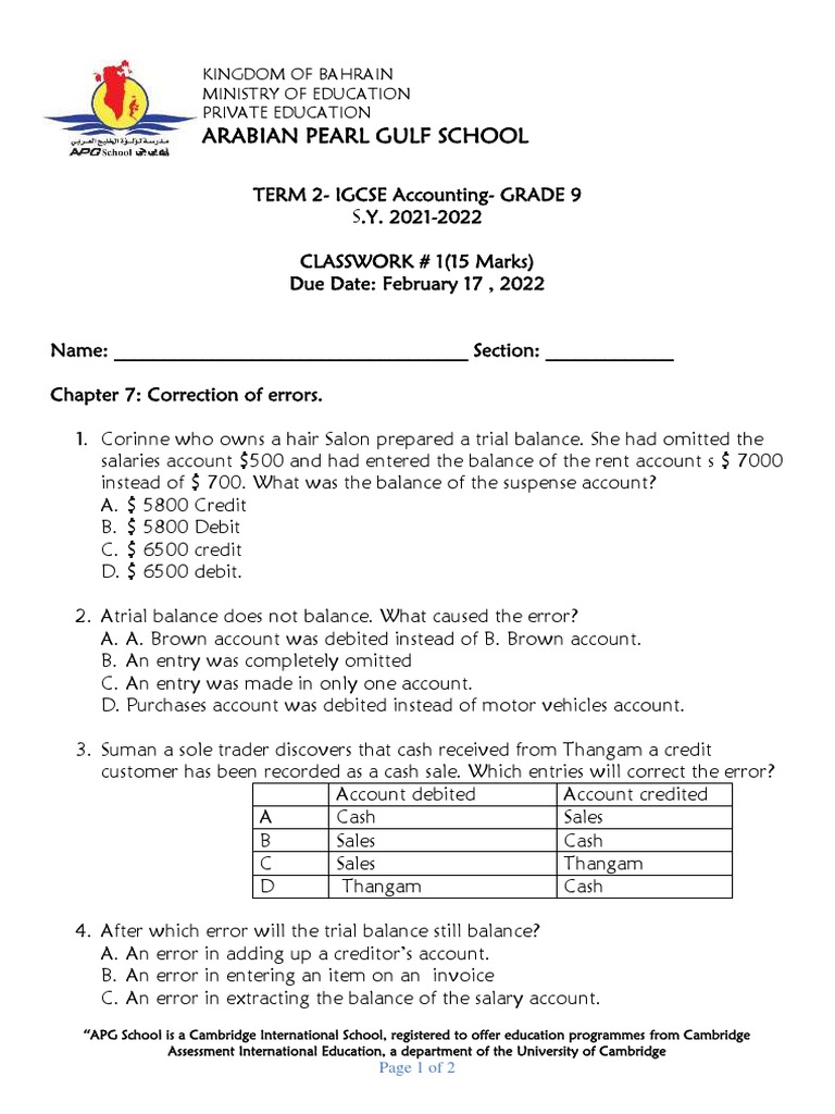 Grade 9 Class Work 1 Correction of Errors | PDF | Debits And Credits | Service Industries