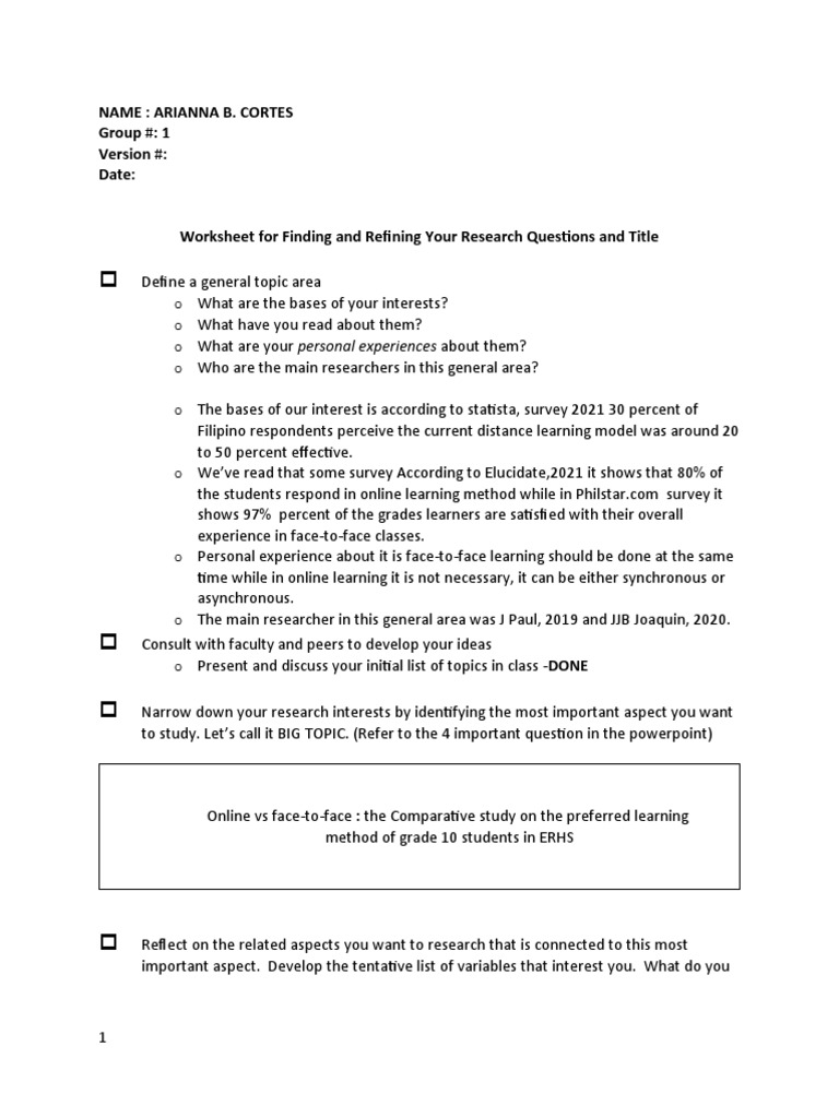 Worksheet For Finding and Refining Your Research Questions and Title ...