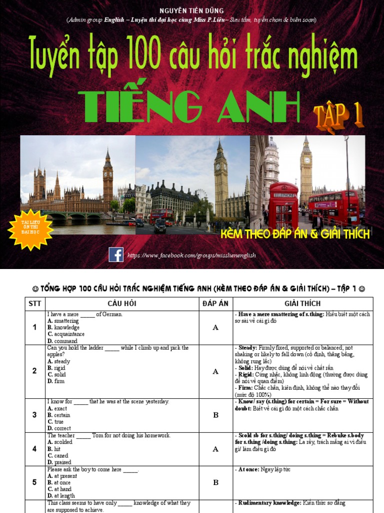 123doc 100 Cau Trac Nghiem Tieng Anh Co Giai Thich Tap 1 | PDF