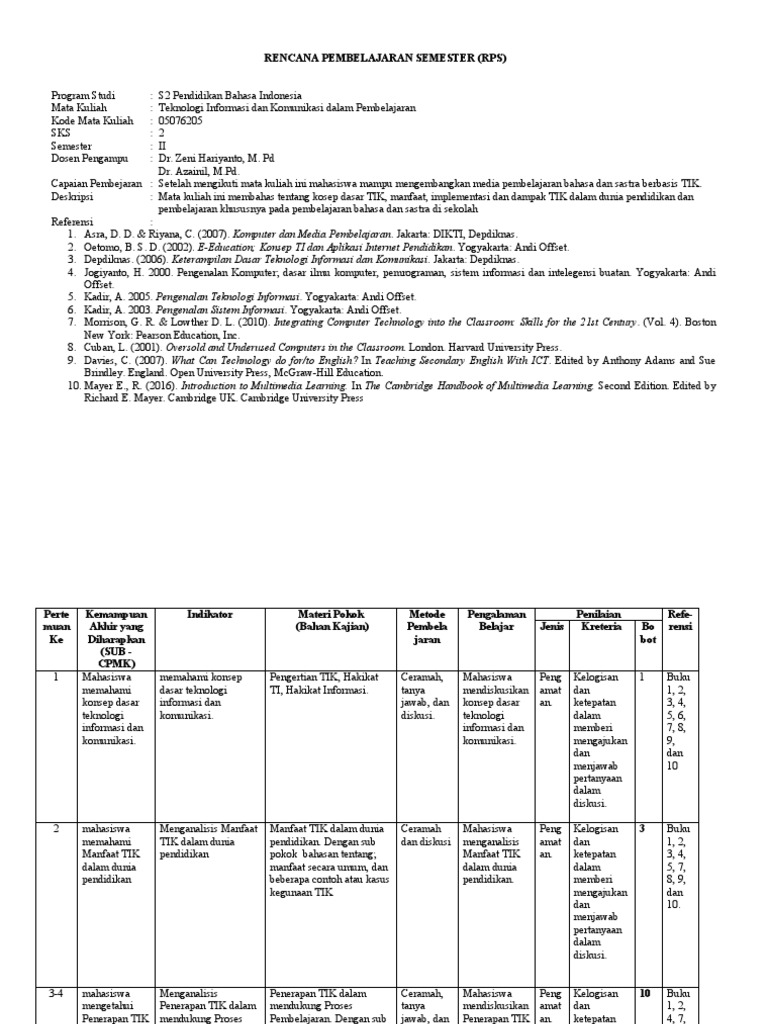 Rencana Pembelajaran Semester (RPS) | PDF