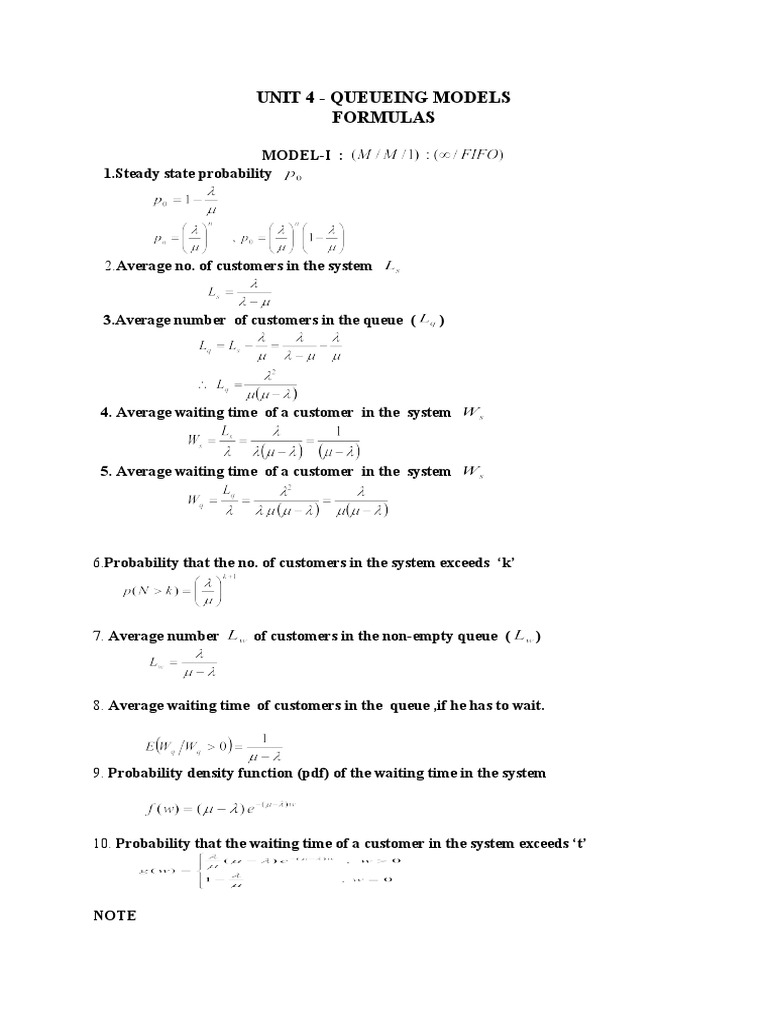 Unit 4 - Queueing Models Formulas | Download Free PDF | Mathematics | Statistical Theory