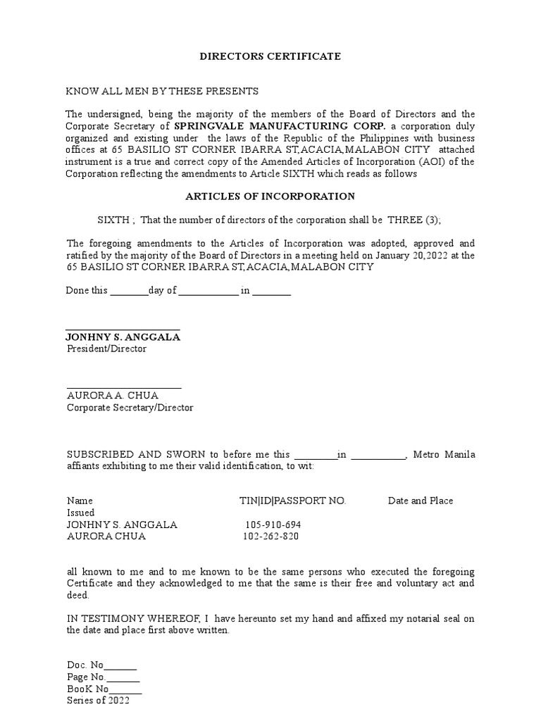 Directors Certificate for Springvale Corp | PDF
