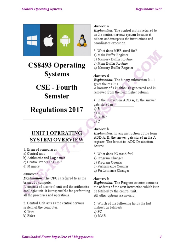 Cs8493 Operating Systems Mcq Pdf Scheduling Computing Computer Data Storage