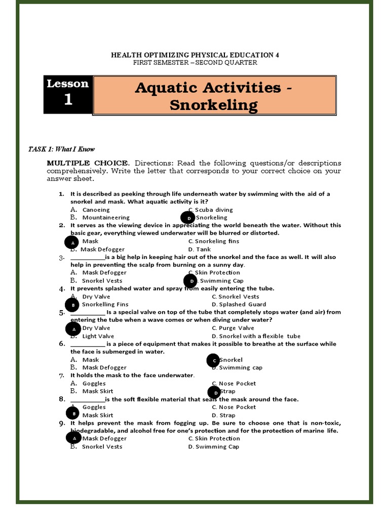 Aquatic Activities - Snorkeling: Lesson | PDF | Snorkeling | Underwater ...