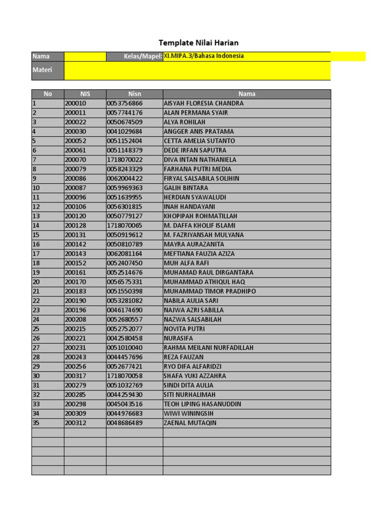 Template Nilai Harian (PENGETAHUAN - DI ISI SEBANYAK KD ULANGAN) | PDF