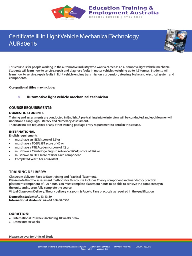 Certificate III Light Vehicle Mechanic Course | PDF | Diesel Engine ...