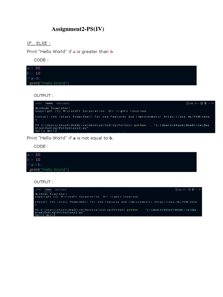 Assignment2-PS (IV) : If Else: Print "Hello World" If Is Greater Than ...