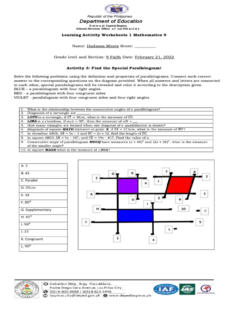 Hadassa Mores - Q3PT2 - Performance Task #2 in Math 9 | PDF